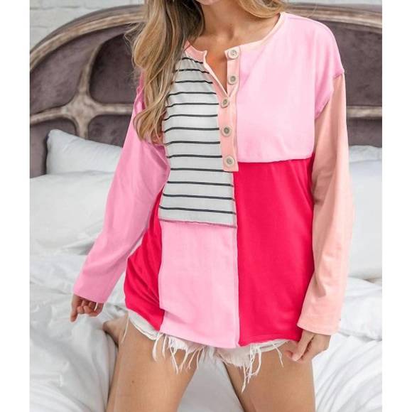 BiBi | Tops | New Bibi Color Block Pretty Button Top In Pink | Poshmark